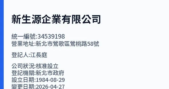 新生源企業有限公司的照片-統編 34539198(新北市) 公司登記資料與營業項目詳細圖表