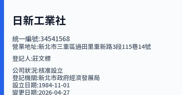 日新工業社的照片-統編 34541568(新北市) 公司登記資料與營業項目詳細圖表