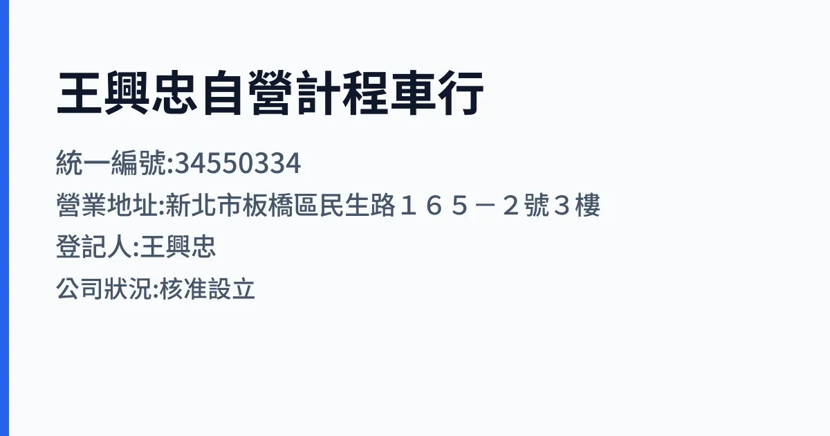 王興忠自營計程車行 - 統編 34550334(新北市) 公司登記資料與營業項目詳細圖表