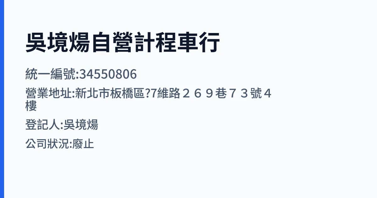 吳境煬自營計程車行 - 統編 34550806(新北市) 公司登記資料與營業項目詳細圖表