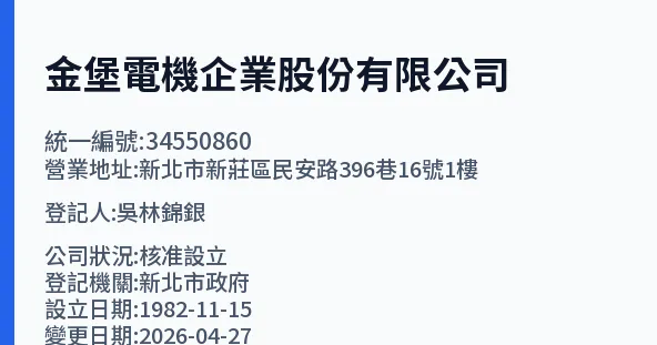 金堡電機企業股份有限公司的照片-統編 34550860(新北市) 公司登記資料與營業項目詳細圖表
