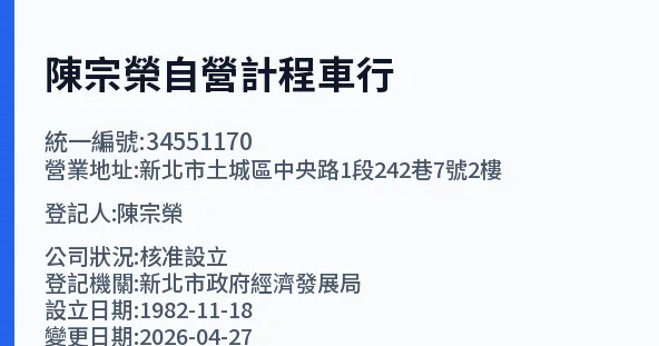 陳宗榮自營計程車行的照片-統編 34551170(新北市) 公司登記資料與營業項目詳細圖表