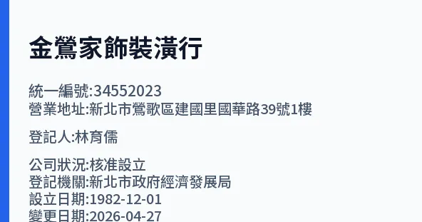 金鶯家飾裝潢行的照片-統編 34552023(新北市) 公司登記資料與營業項目詳細圖表