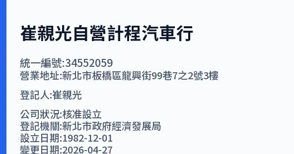 崔親光自營計程汽車行的照片-統編 34552059(新北市) 公司登記資料與營業項目詳細圖表