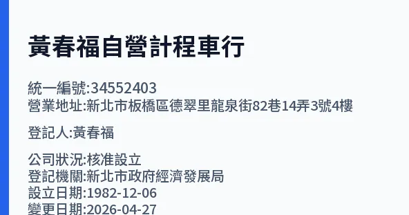 黃春福自營計程車行的照片-統編 34552403(新北市) 公司登記資料與營業項目詳細圖表