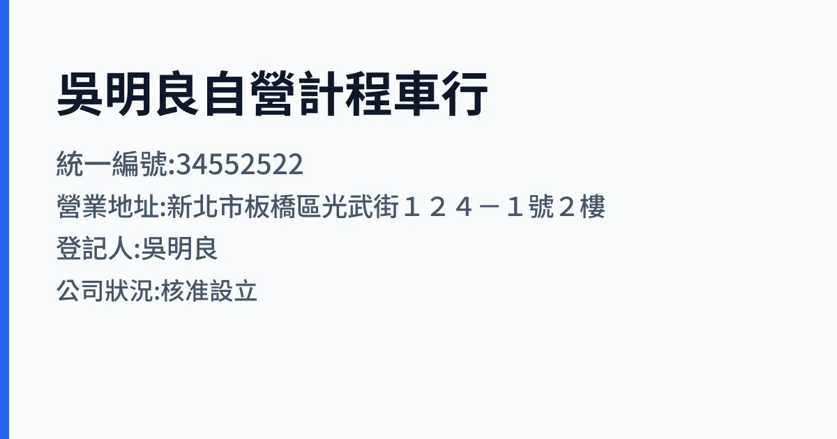 吳明良自營計程車行 - 統編 34552522(新北市) 公司登記資料與營業項目詳細圖表