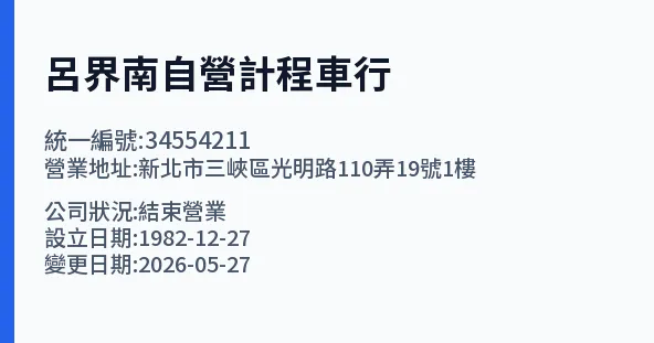 呂界南自營計程車行的照片-統編 34554211(新北市) 公司登記資料與營業項目詳細圖表