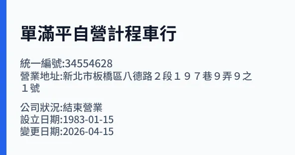 單滿平自營計程車行的照片-統編 34554628(新北市) 公司登記資料與營業項目詳細圖表