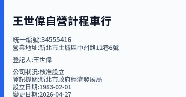 王世偉自營計程車行的照片-統編 34555416(新北市) 公司登記資料與營業項目詳細圖表