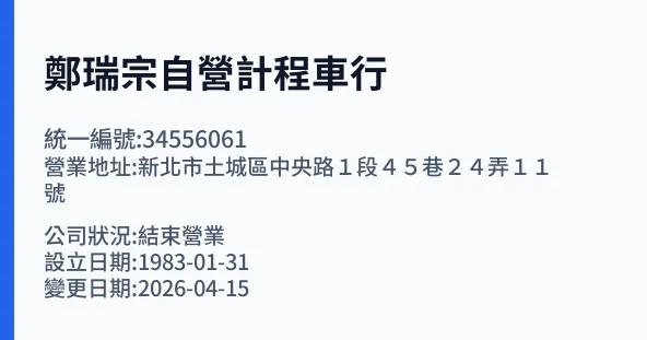 鄭瑞宗自營計程車行的照片-統編 34556061(新北市) 公司登記資料與營業項目詳細圖表