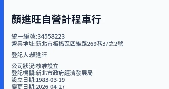 顏進旺自營計程車行的照片-統編 34558223(新北市) 公司登記資料與營業項目詳細圖表