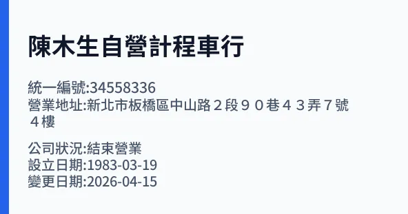 陳木生自營計程車行的照片-統編 34558336(新北市) 公司登記資料與營業項目詳細圖表