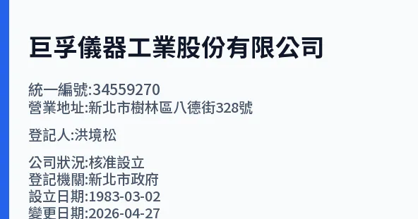 巨孚儀器工業股份有限公司的照片-統編 34559270(新北市) 公司登記資料與營業項目詳細圖表