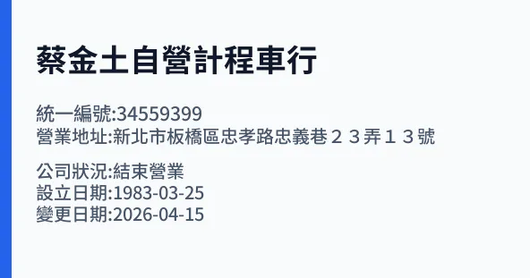 蔡金土自營計程車行的照片-統編 34559399(新北市) 公司登記資料與營業項目詳細圖表