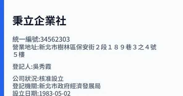 秉立企業社的照片-統編 34562303(新北市) 公司登記資料與營業項目詳細圖表
