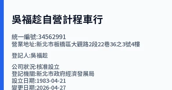吳福趁自營計程車行的照片-統編 34562991(新北市) 公司登記資料與營業項目詳細圖表