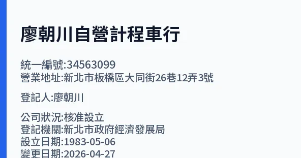 廖朝川自營計程車行的照片-統編 34563099(新北市) 公司登記資料與營業項目詳細圖表