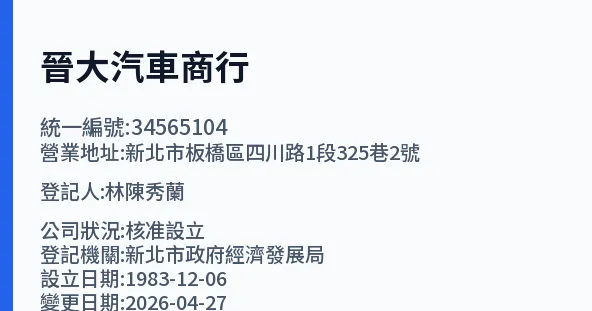 晉大汽車商行的照片-統編 34565104(新北市) 公司登記資料與營業項目詳細圖表