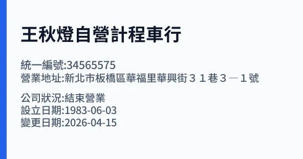 王秋燈自營計程車行的照片-統編 34565575(新北市) 公司登記資料與營業項目詳細圖表