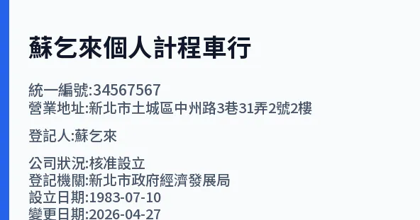 蘇乞來個人計程車行的照片-統編 34567567(新北市) 公司登記資料與營業項目詳細圖表
