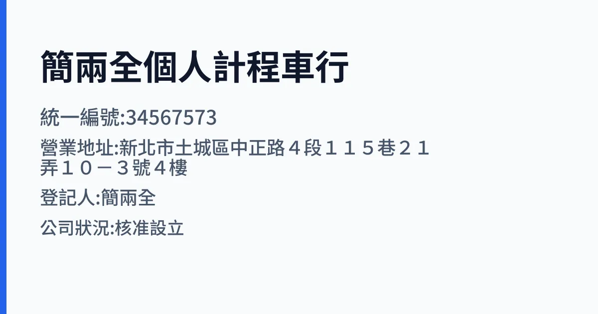 簡兩全個人計程車行 - 統編 34567573(新北市) 公司登記資料與營業項目詳細圖表