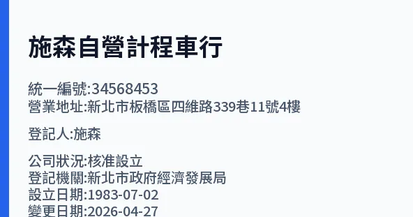施森自營計程車行的照片-統編 34568453(新北市) 公司登記資料與營業項目詳細圖表