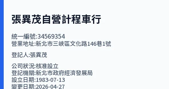 張異茂自營計程車行的照片-統編 34569354(新北市) 公司登記資料與營業項目詳細圖表