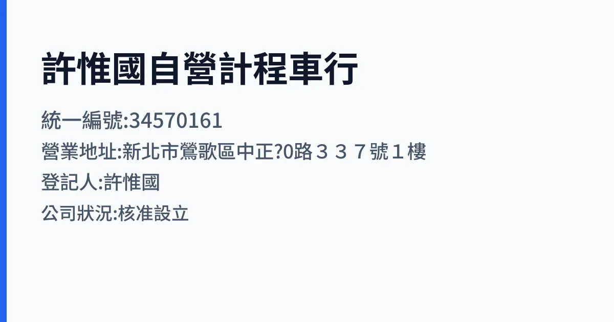 許惟國自營計程車行 - 統編 34570161(新北市) 公司登記資料與營業項目詳細圖表