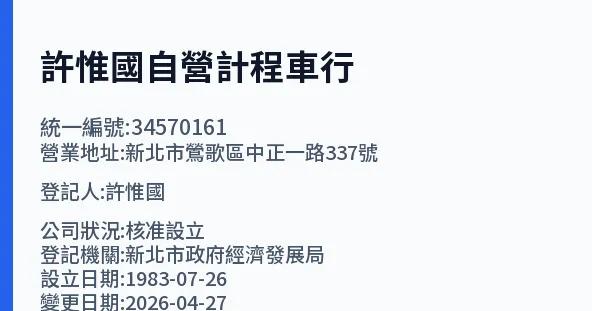 許惟國自營計程車行的照片-統編 34570161(新北市) 公司登記資料與營業項目詳細圖表