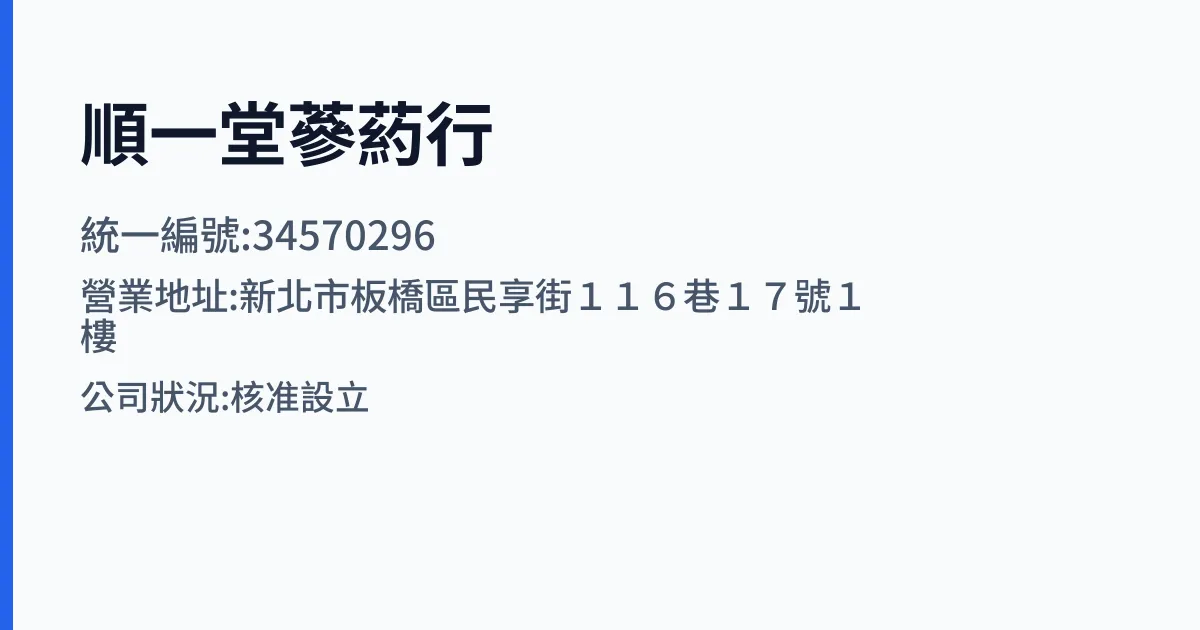 順一堂蔘葯行 - 統編 34570296(新北市) 公司登記資料與營業項目詳細圖表