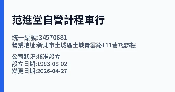 范進堂自營計程車行的照片-統編 34570681(新北市) 公司登記資料與營業項目詳細圖表