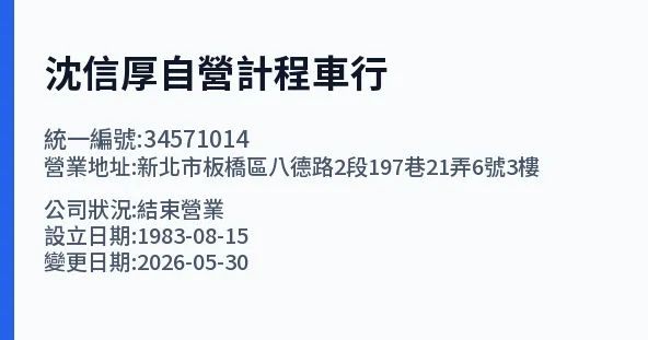沈信厚自營計程車行的照片-統編 34571014(新北市) 公司登記資料與營業項目詳細圖表