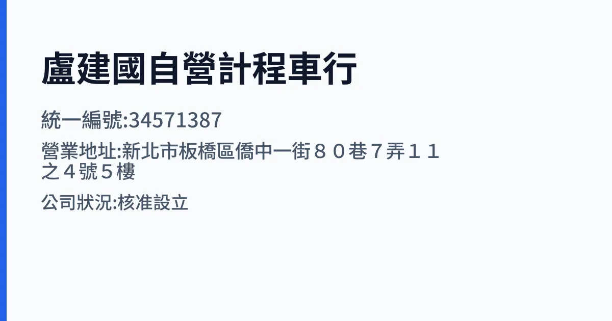 盧建國自營計程車行 - 統編 34571387(新北市) 公司登記資料與營業項目詳細圖表