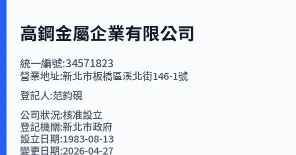 高鋼金屬企業有限公司的照片-統編 34571823(新北市) 公司登記資料與營業項目詳細圖表