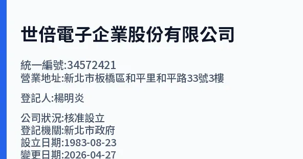 世倍電子企業股份有限公司的照片-統編 34572421(新北市) 公司登記資料與營業項目詳細圖表