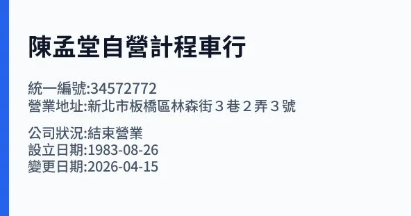 陳孟堂自營計程車行的照片-統編 34572772(新北市) 公司登記資料與營業項目詳細圖表
