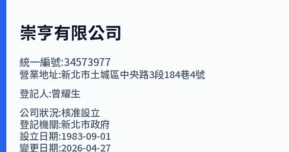 崇亨有限公司的照片-統編 34573977(新北市) 公司登記資料與營業項目詳細圖表