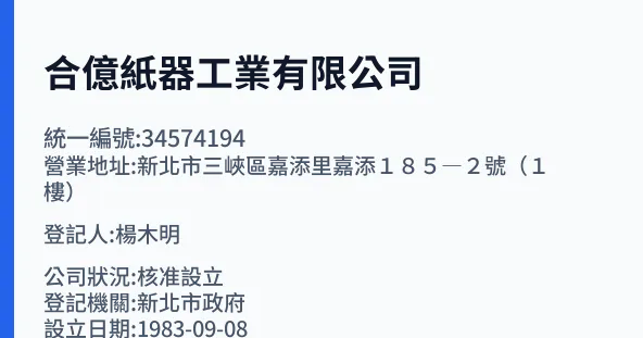 合億紙器工業有限公司的照片-統編 34574194(新北市) 公司登記資料與營業項目詳細圖表