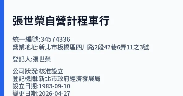 張世榮自營計程車行的照片-統編 34574336(新北市) 公司登記資料與營業項目詳細圖表