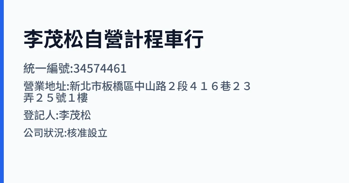 李茂松自營計程車行 - 統編 34574461(新北市) 公司登記資料與營業項目詳細圖表