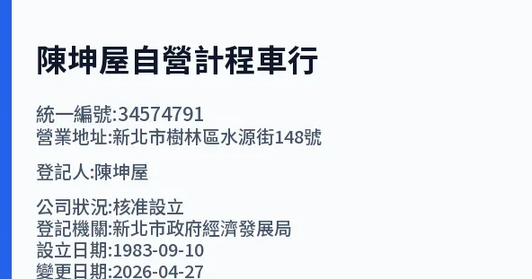 陳坤屋自營計程車行的照片-統編 34574791(新北市) 公司登記資料與營業項目詳細圖表