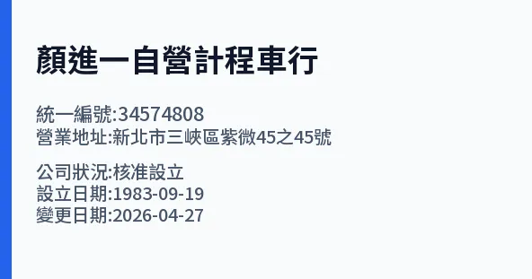 顏進一自營計程車行的照片-統編 34574808(新北市) 公司登記資料與營業項目詳細圖表