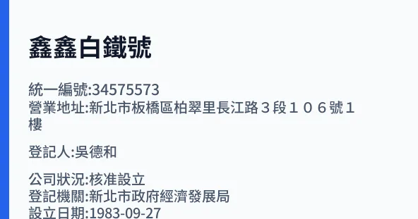 鑫鑫白鐵號的照片-統編 34575573(新北市) 公司登記資料與營業項目詳細圖表