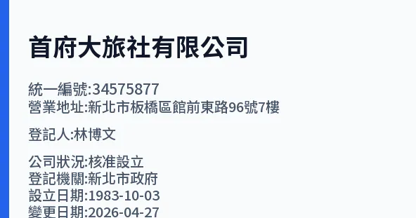 首府大旅社有限公司的照片-統編 34575877(新北市) 公司登記資料與營業項目詳細圖表