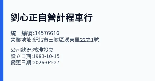 劉心正自營計程車行的照片-統編 34576616(新北市) 公司登記資料與營業項目詳細圖表