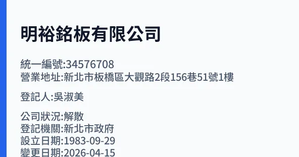 明裕銘板有限公司的照片-統編 34576708(新北市) 公司登記資料與營業項目詳細圖表