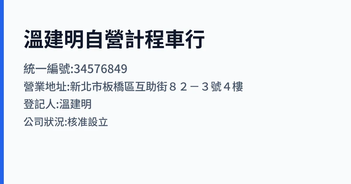 溫建明自營計程車行 - 統編 34576849（新北市） 公司登記資料與營業項目詳細圖表