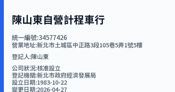 陳山東自營計程車行的照片-統編 34577426(新北市) 公司登記資料與營業項目詳細圖表