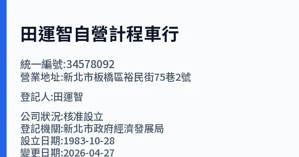 田運智自營計程車行的照片-統編 34578092(新北市) 公司登記資料與營業項目詳細圖表
