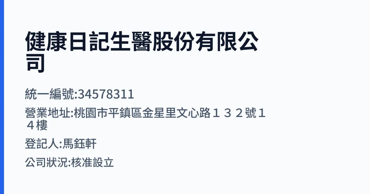 健康日記生醫股份有限公司 - 統編 34578311(桃園市) 公司登記資料與營業項目詳細圖表